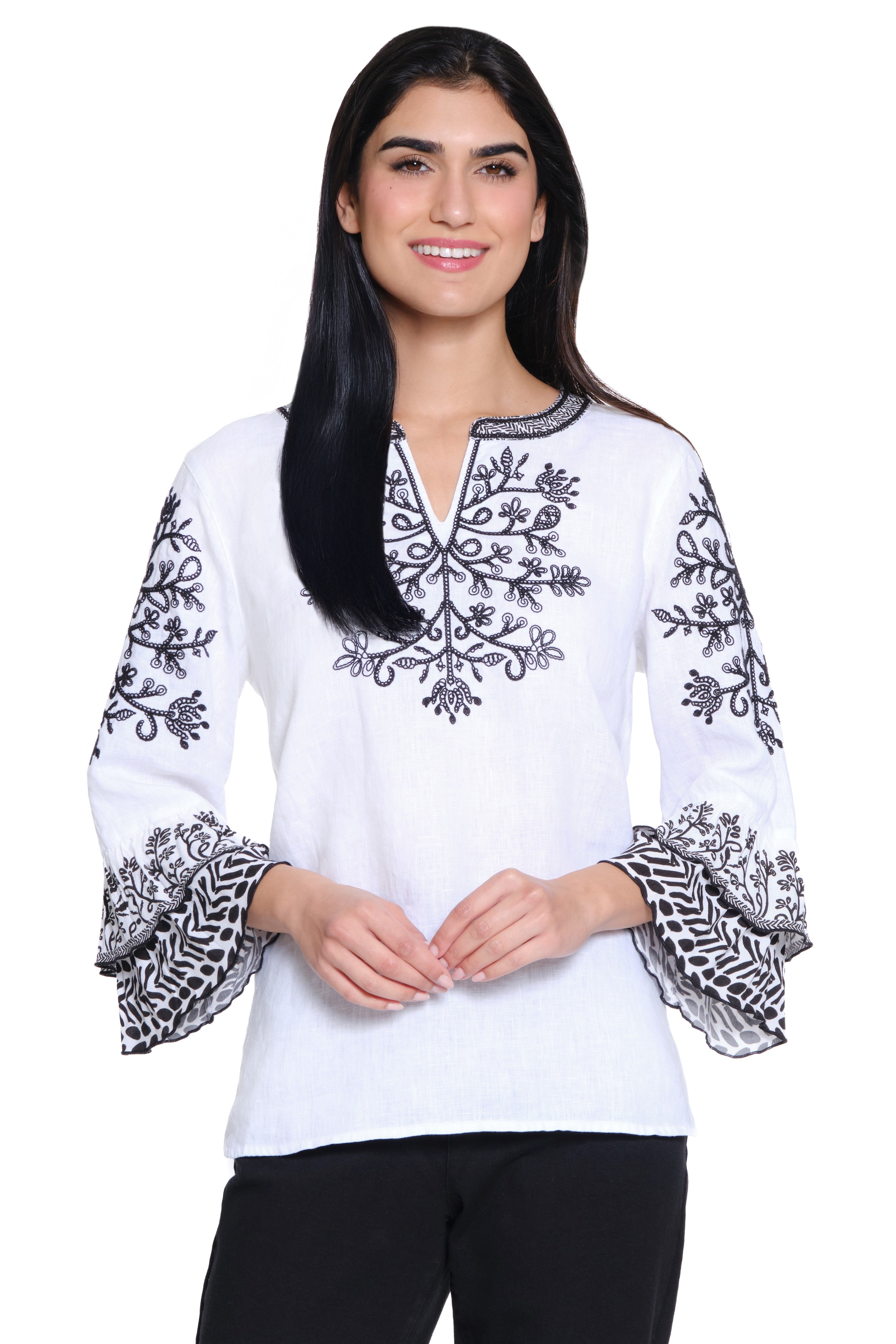 Embroidered Split Neck Tunic - Black/White – JohnMarkClothing.com