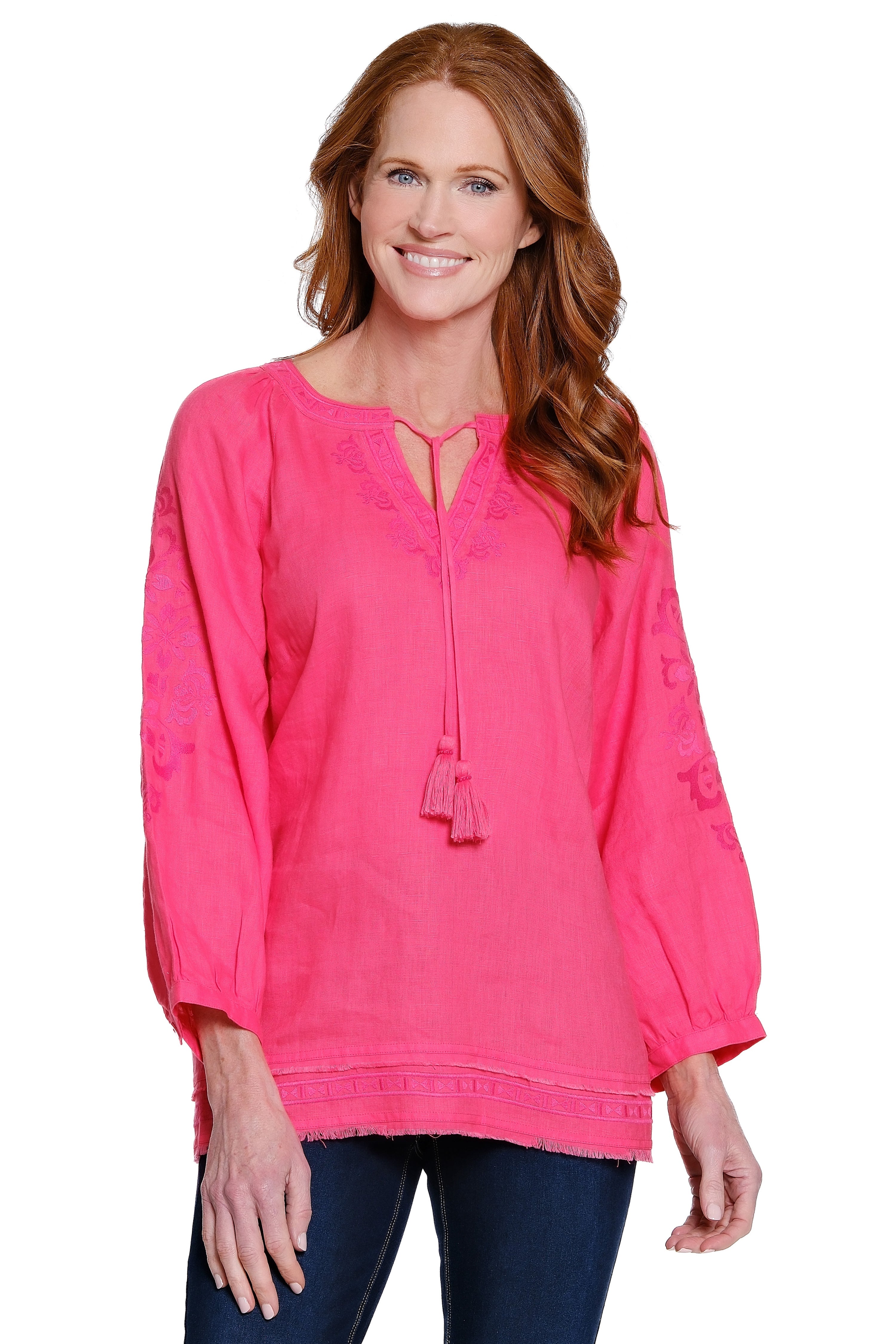 Embroidered Split Neck Linen Tunic - Melon Red – JohnMarkClothing.com