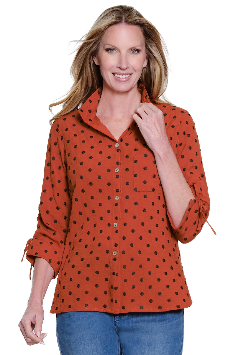Embroidered Dot Button Front Blouse with Cinch Sleeves - Spice